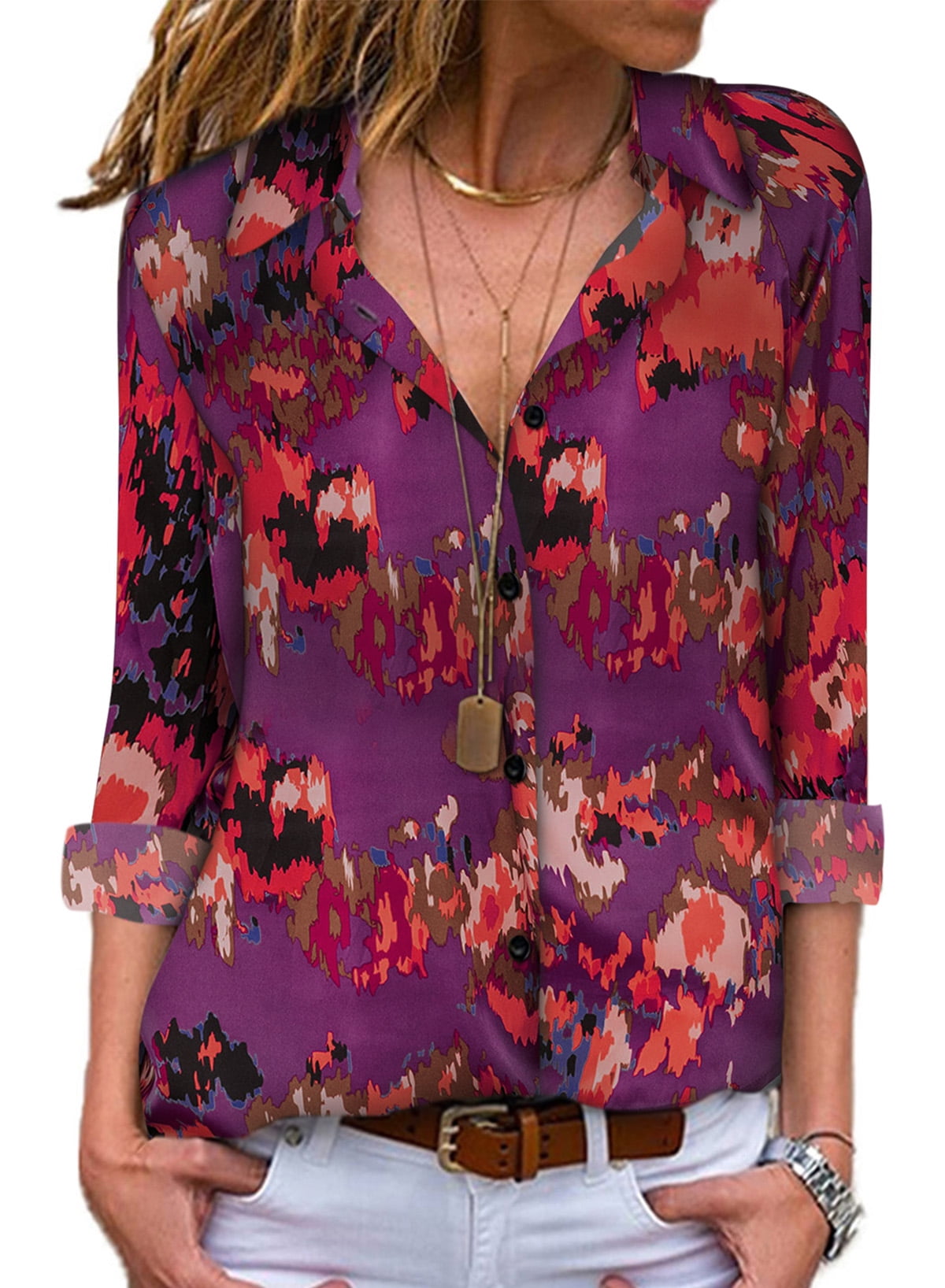HOTAPEI Womens Printed Button Down Shirts Casual V Neck Roll Up Long ...