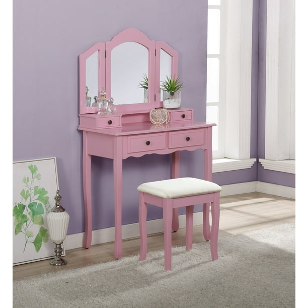 Roundhill Furniture Sanlo Wooden Vanity Make Up Table and Stool Set ...