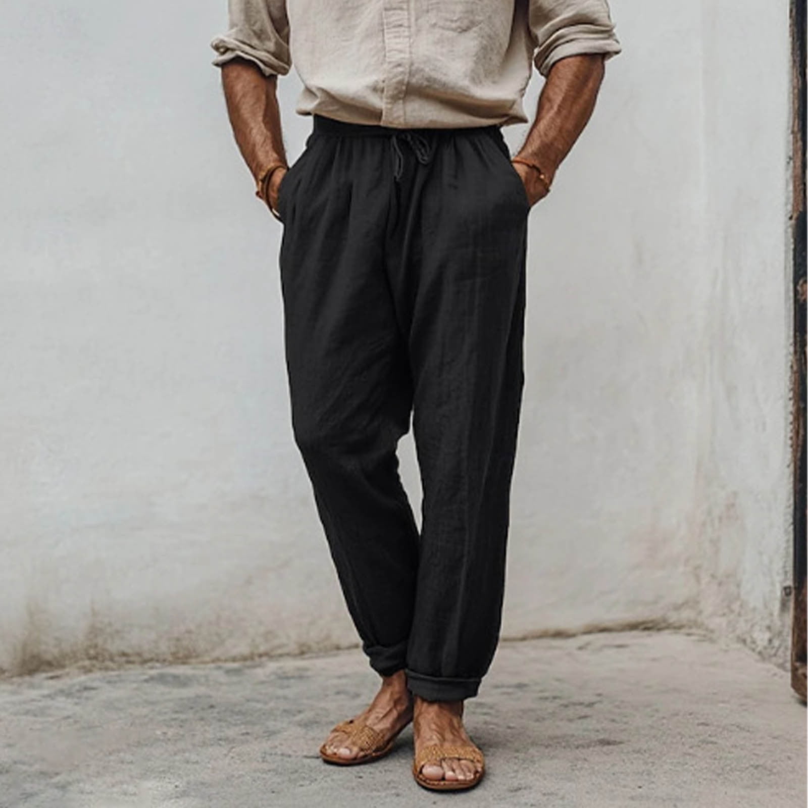 Click here for Asjyhkr Plus Size Mens Cotton Linen Pants Elastic... prices