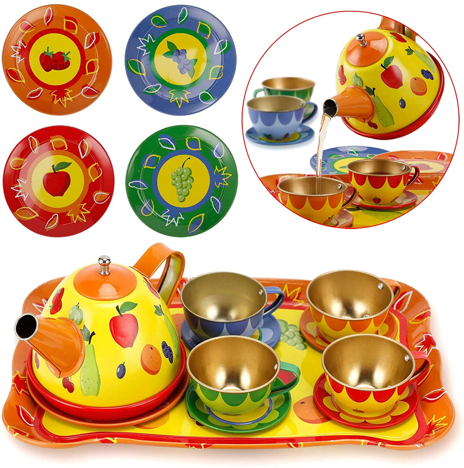 Colorful Fruit Tin Tea Party Set for Kids - Metal Teapot and Cups ...