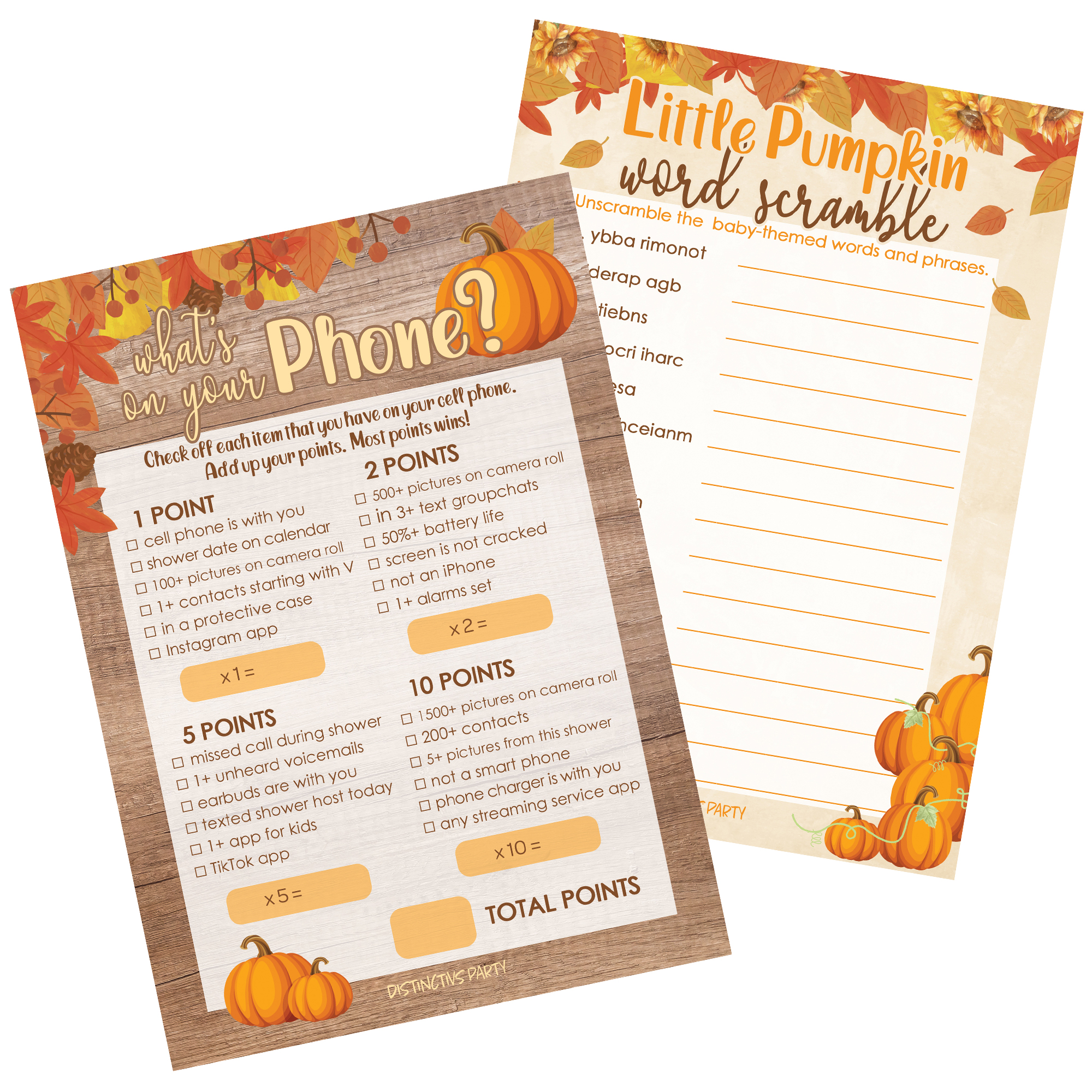 Rustic Little Pumpkin Baby Shower Game Bundle - What's On Your Phone and Word Scramble Party Activity - 20 Dual Sided Cards - Distinctivs - Walmart.com rustic-little-pumpkin-baby-shower-game-bundle-what-s-on-your-phone-and-word-scramble-party-activity-20-dual-sided-cards-distinctivs-walmart-com
