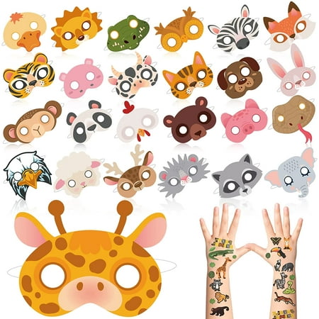 HISRFO 25 Pieces Kids Animal Paper Masks and 2 Jungle Temporary Tattoo ...