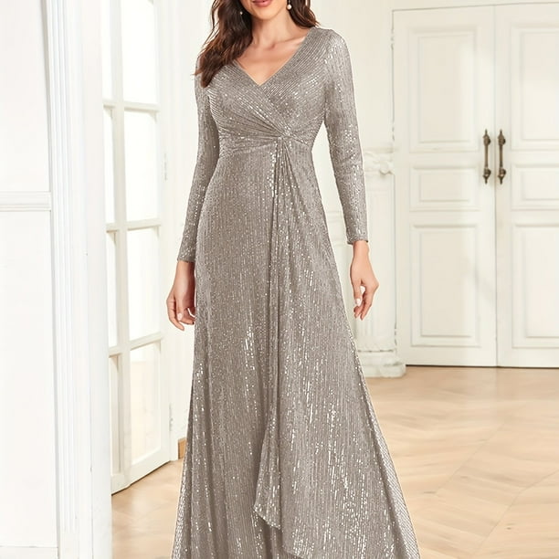 Vestido De Noche Con Cuello En V De Lentejuelas, Elegante Vestido Largo De Manga Larga Para ...