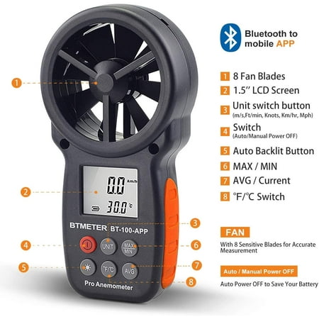 Handheld Wind Speed Digital Anemometer Wireless Bluetooth Paddle ...