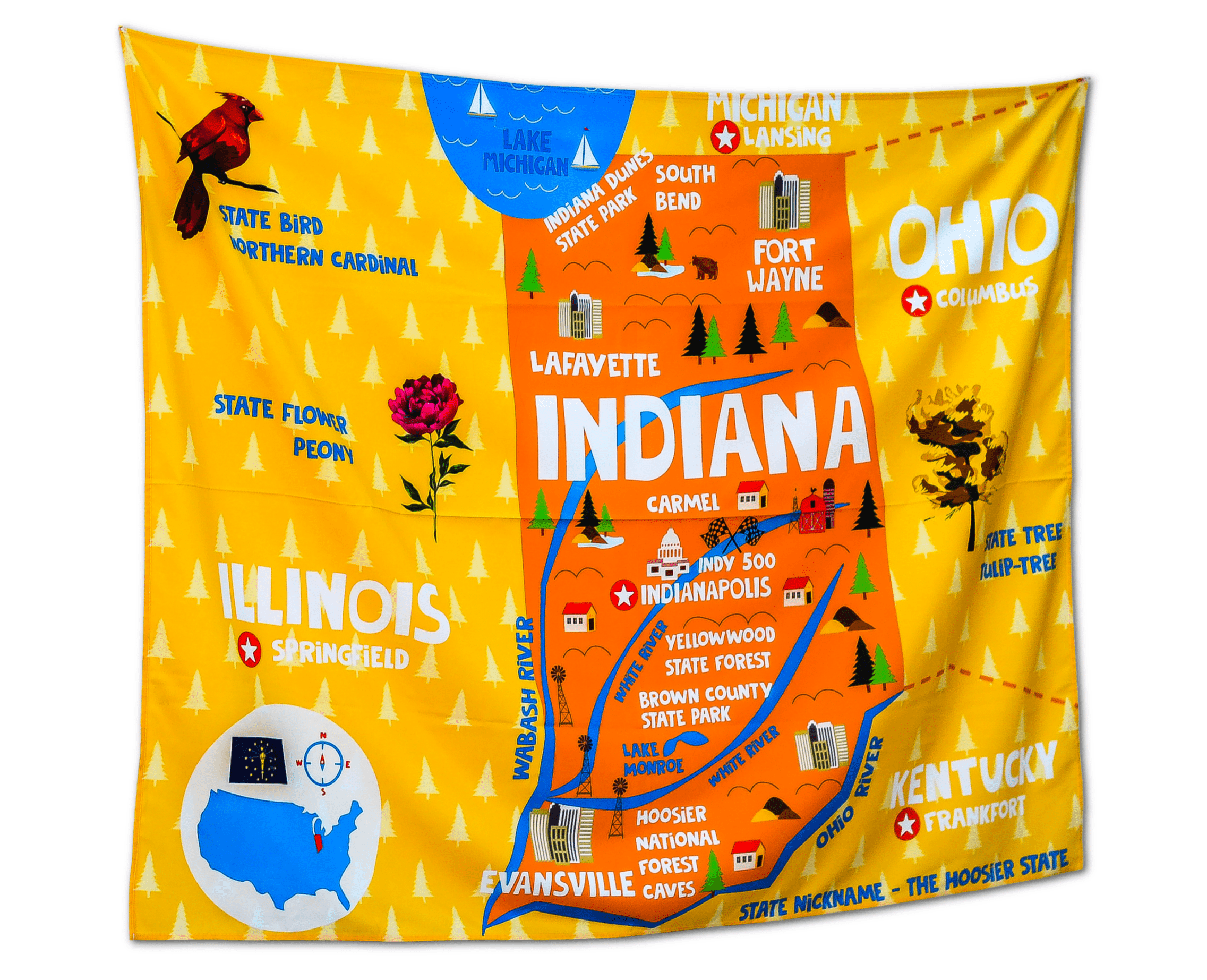 Indiana State Map Wall Hanging Tapestry Home Classroom Poster 60in x ...