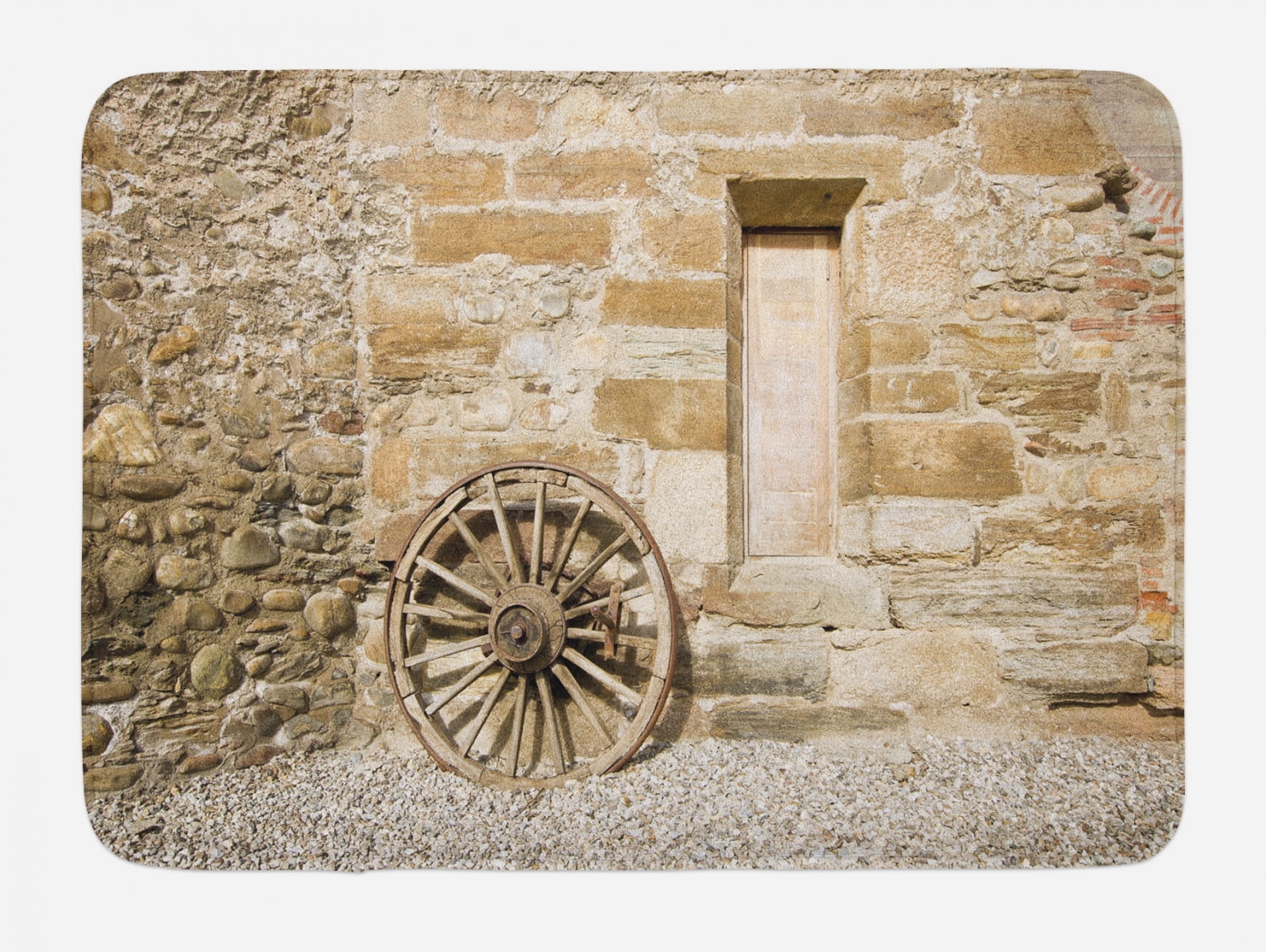 Barn Wood Wagon Wheel Bath Mat, Ancient Rural Facade with Old Wheel ...
