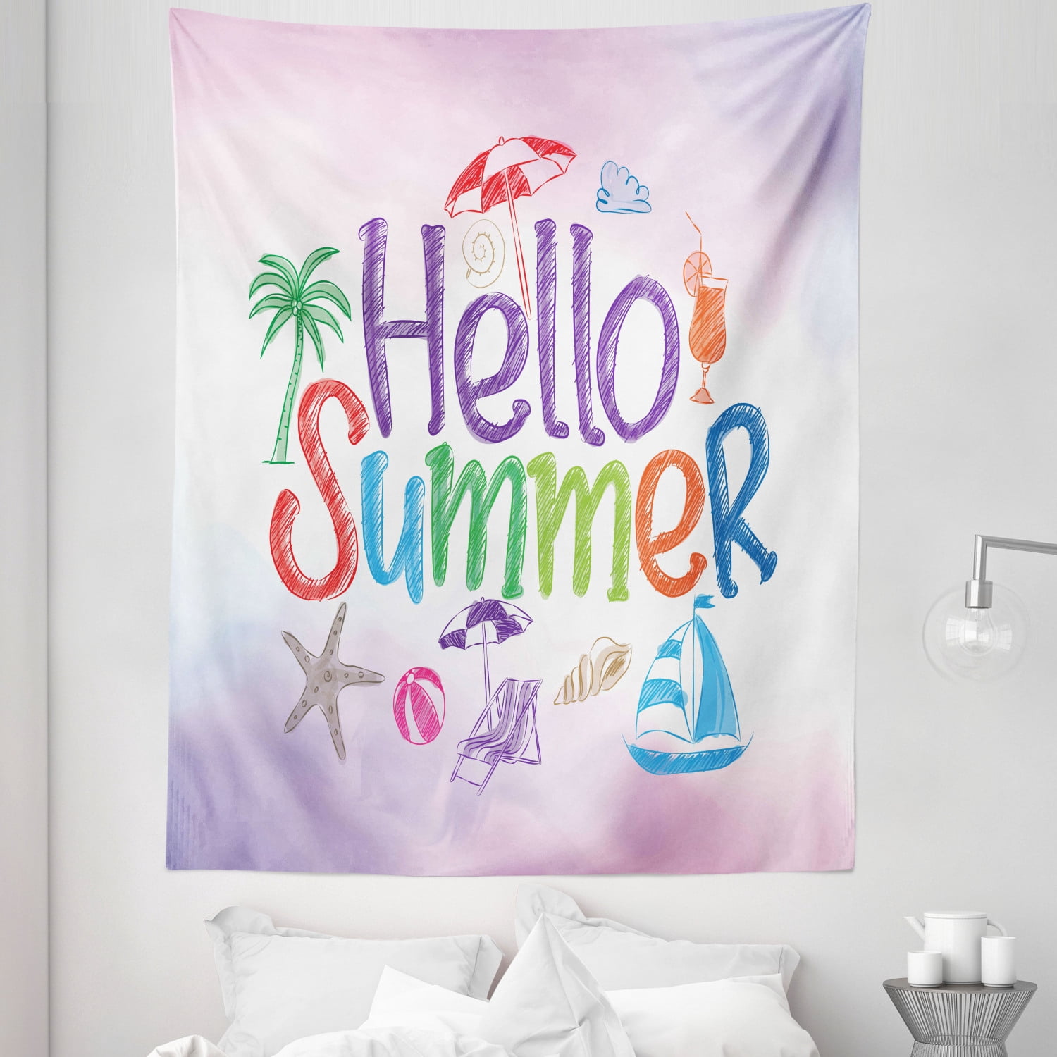 Lifestyle Tapestry, Hello Summer Words with Cocktail Umbrella Palms ...