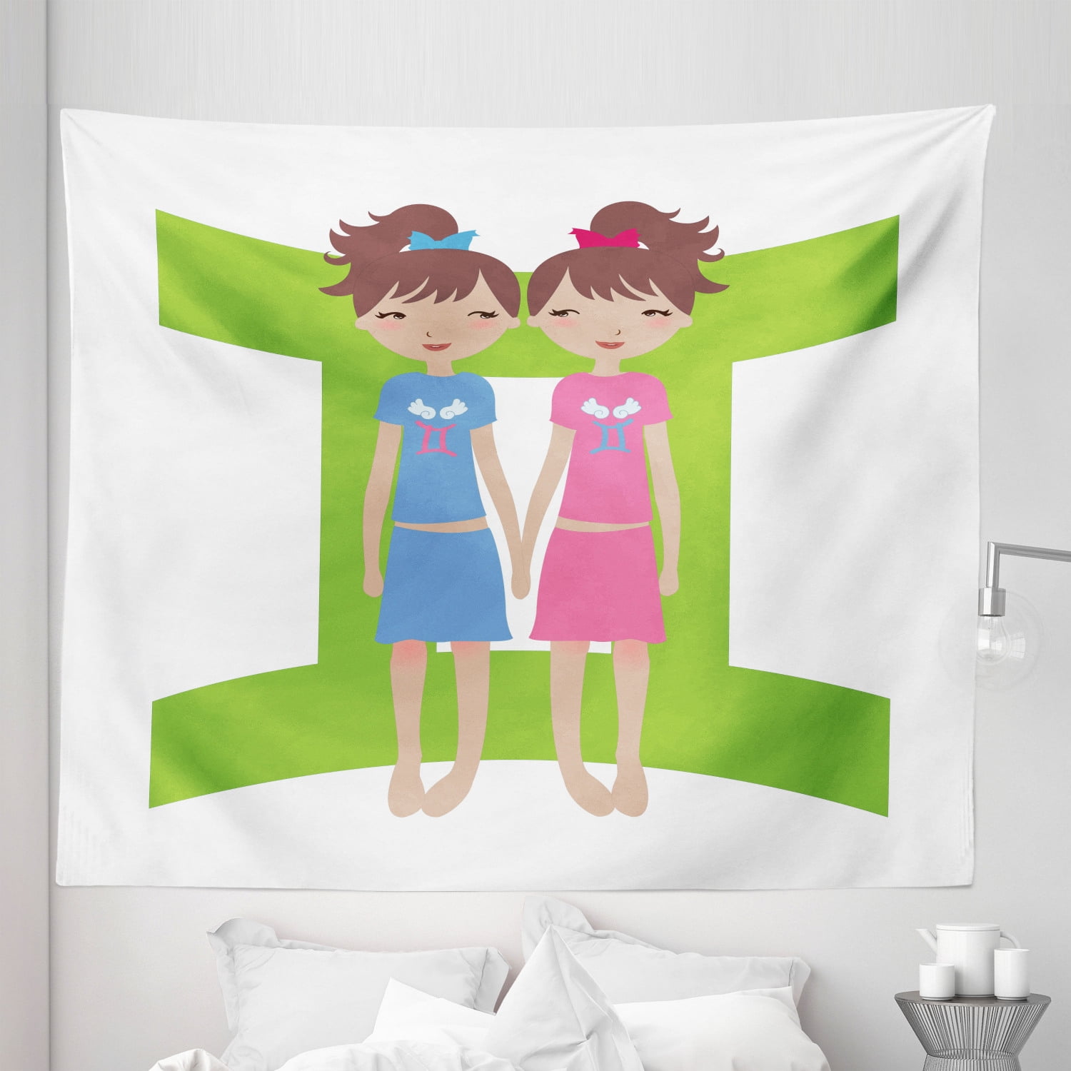 Zodiac Gemini Tapestry, Green Sign Background with Twin Girl Cartoon ...