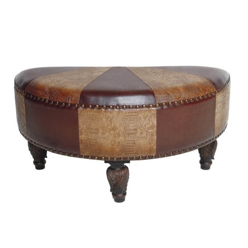 Pemberly Row Faux Leather Half Moon Ottoman in Brown Mix Pattern ...
