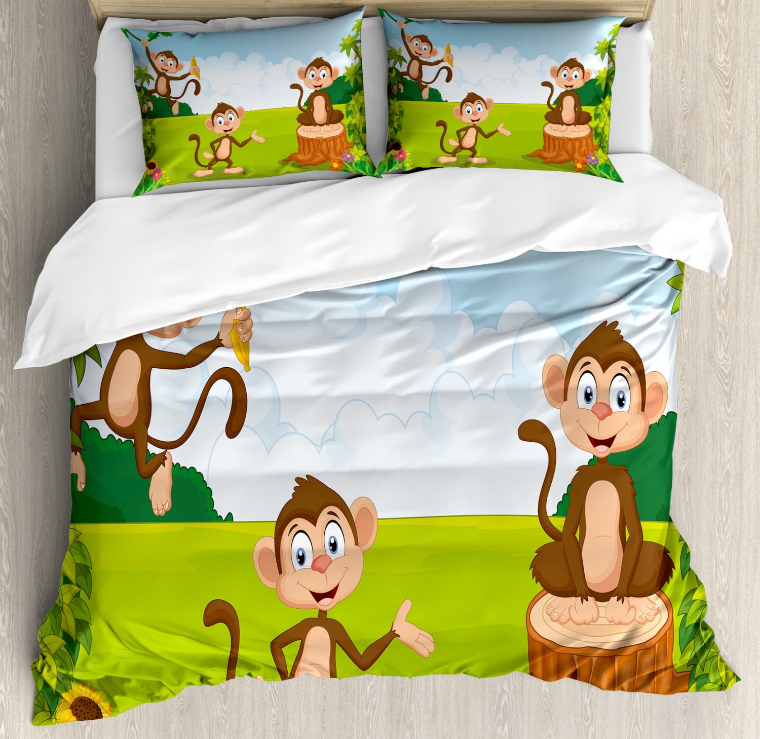 Nursery King Size Duvet Cover Set, Three Monkeys Playing in a Tropical ...