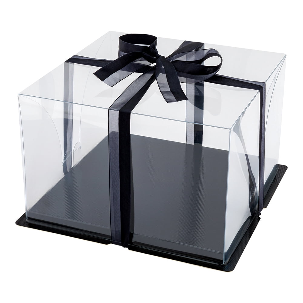 Sweet Vision Square Clear Plastic Cake Box Black Base Black Ribbon sweet-vision-square-clear-plastic-cake-box-black-base-black-ribbon