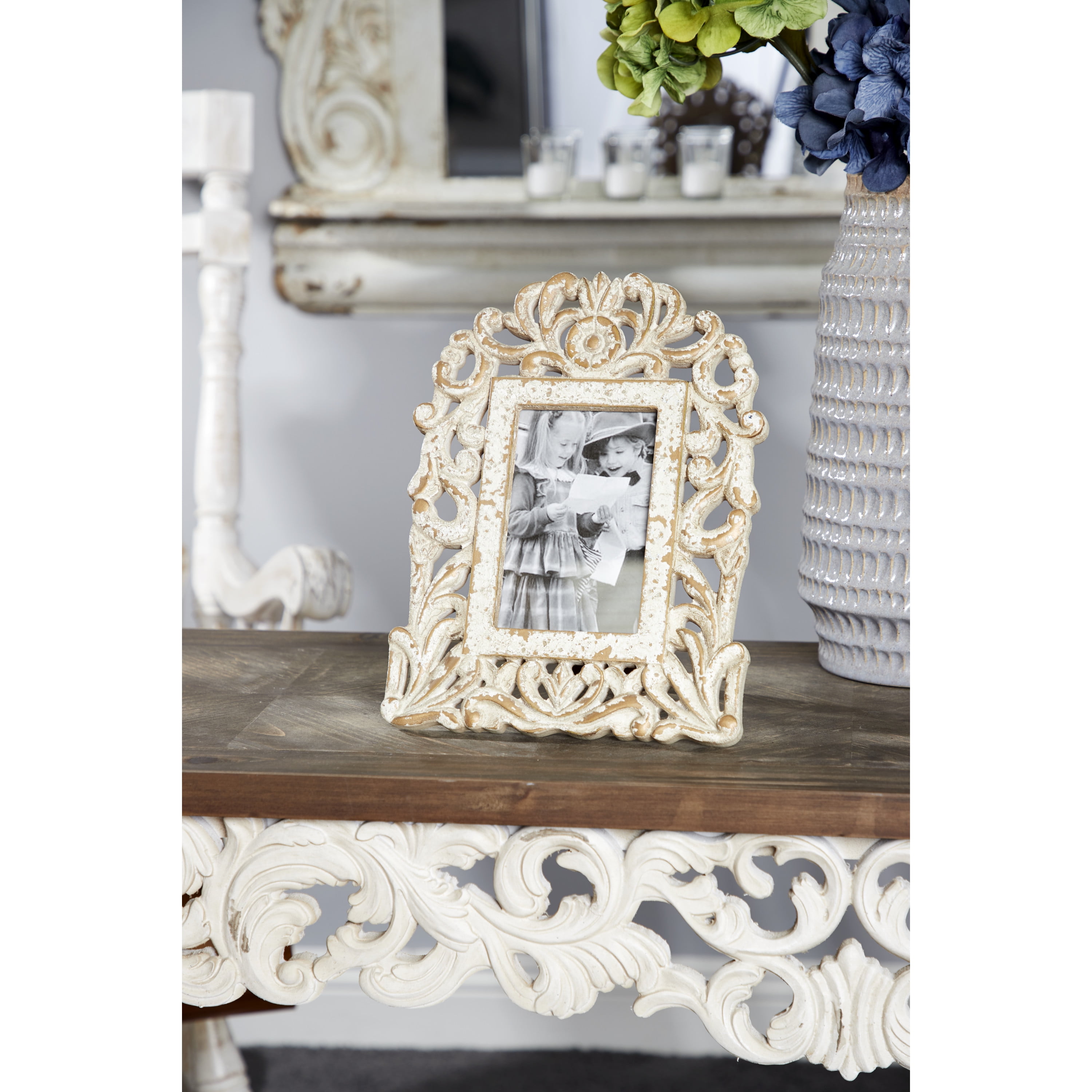 DecMode 4" x 6" Handmade Intricate Carved White Scroll Photo Frame ...