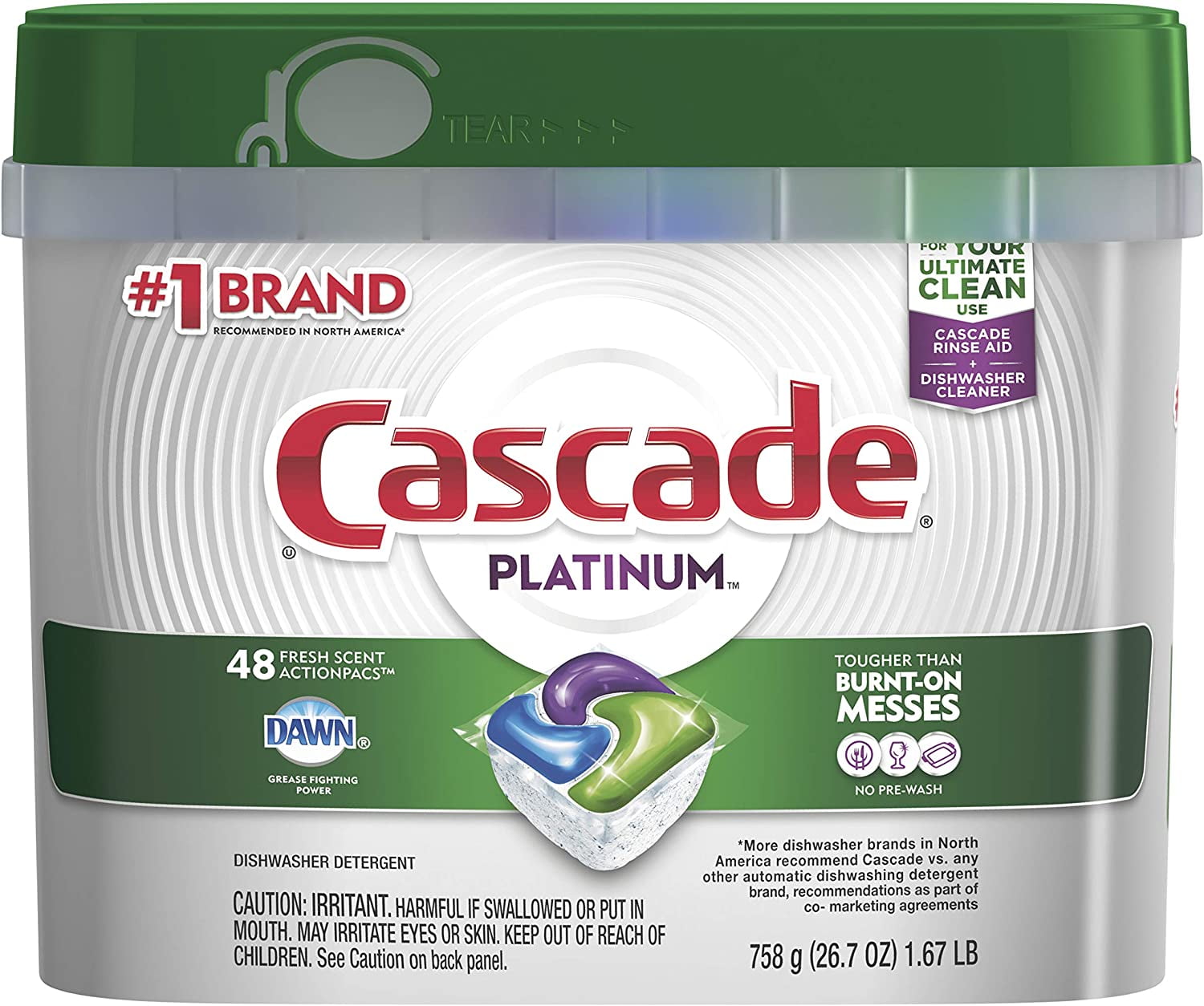 Cascade Platinum ActionPacs Capsulas con Detergente Lavaplatos (48 ...