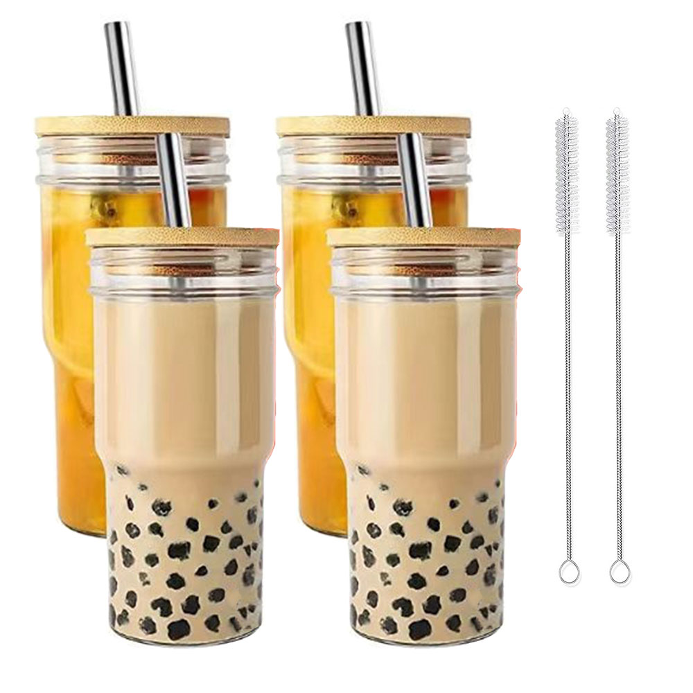 Aosijia 4 Pack Glass Tumbler Cups with Bamboo Lids and Stainless Steel ...