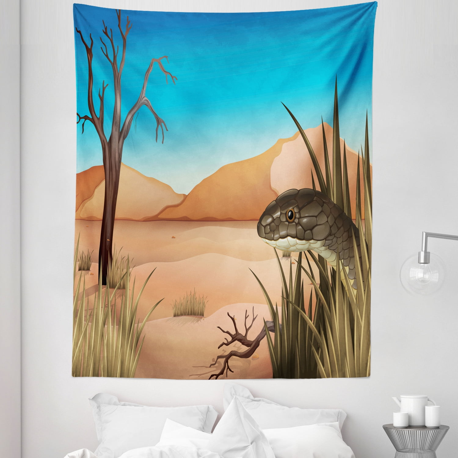 Snake Tapestry, Grumpy Snake Looking from Grass at Desert Tropical ...