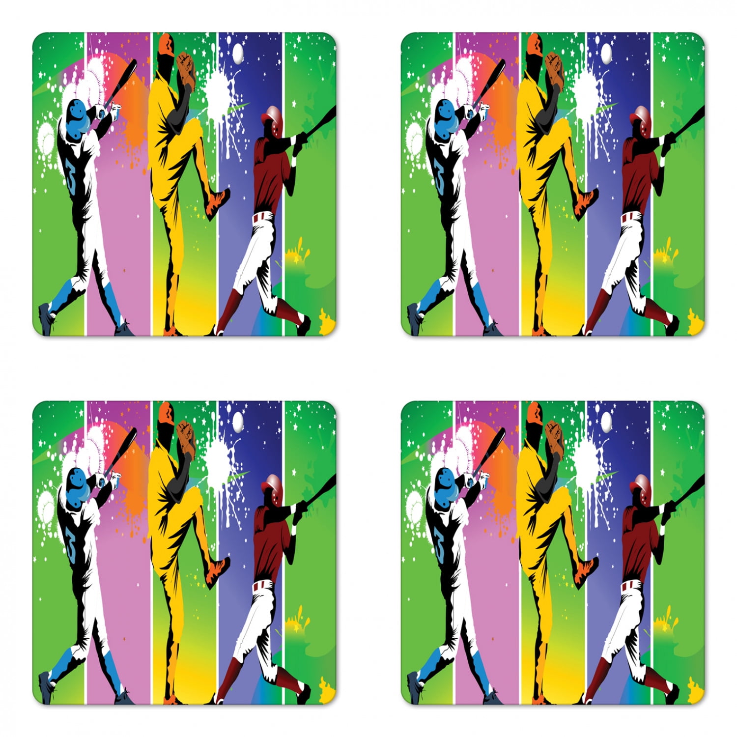 Baseball Coaster Set of 4, Players in Different Positions in Playground ...