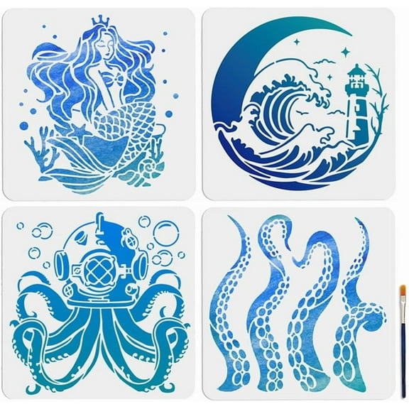 9pcs Sea Ocean Creatures Stencils 7.8×7.8inch/20×20cm Ocean Animal ...