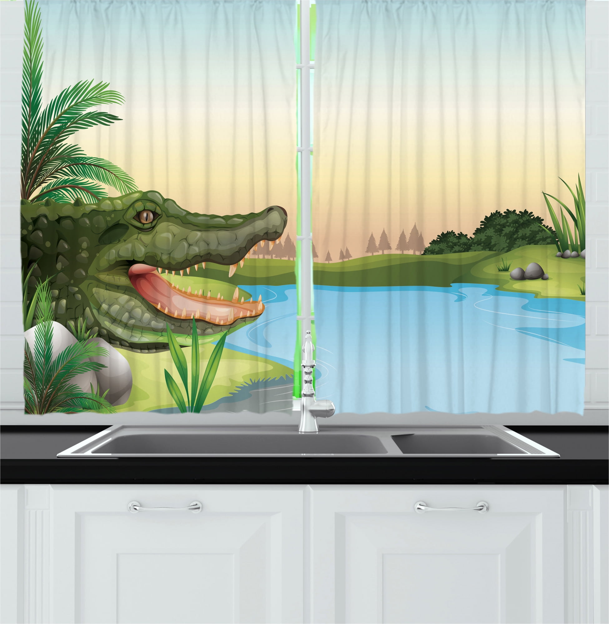 Reptile Kitchen Curtains, Illustration of Exotic Crocodile at the River ...