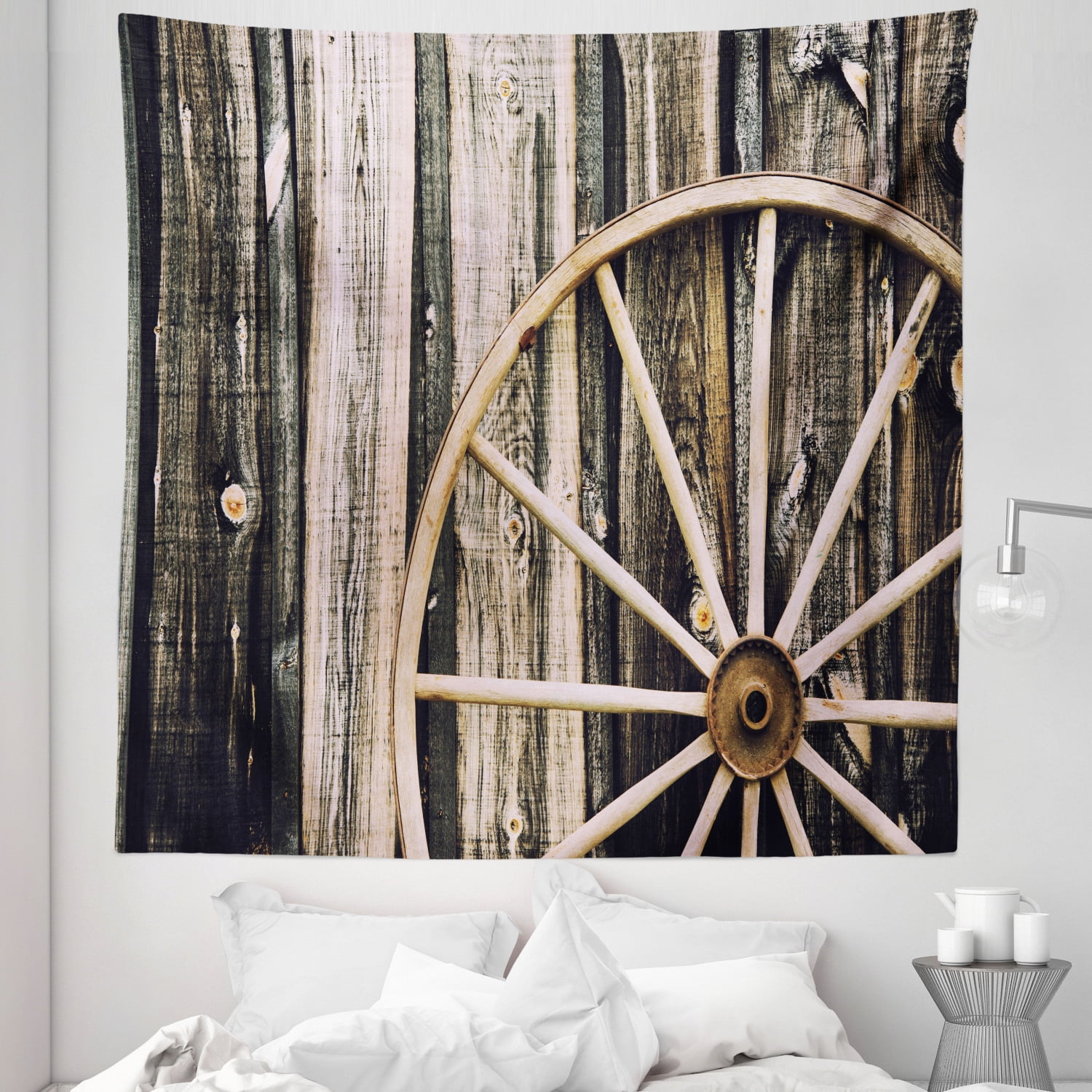 Wagon Wheel Tapestry, Wooden Barn Door and Vintage Rusty Wheel Rustic ...