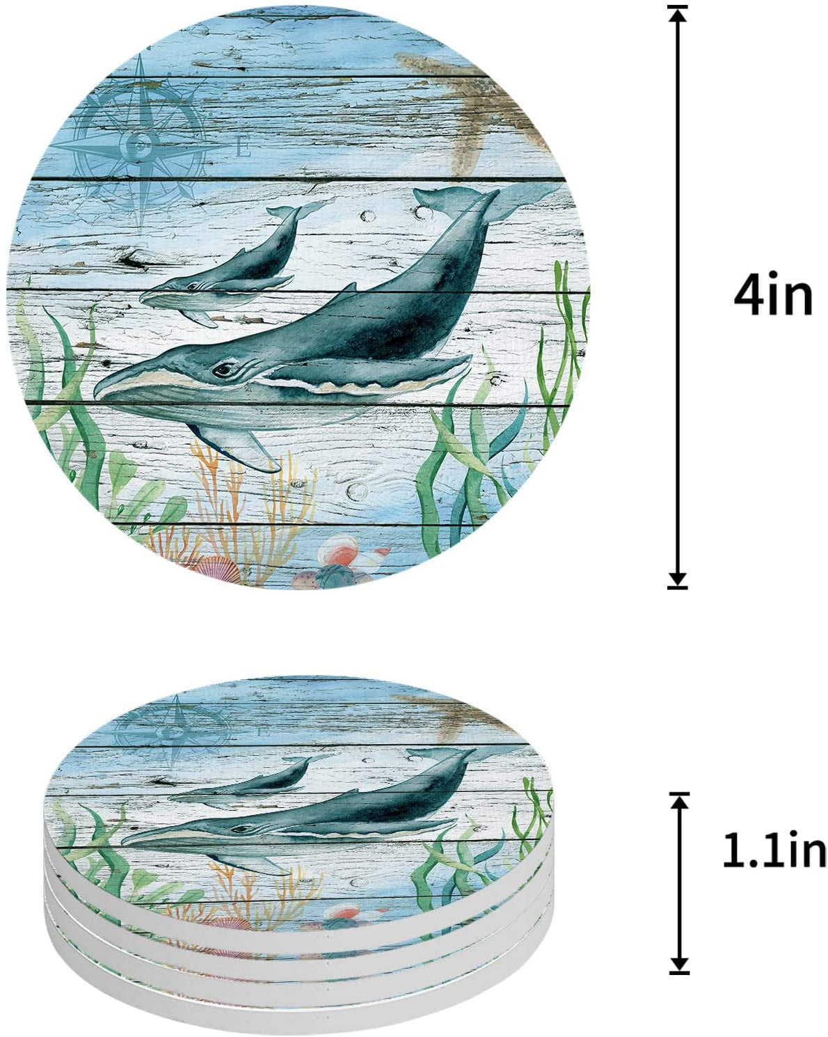 FMSHPON Theme Whale Wood Grain Set of 6 Round Coaster for Drinks ...