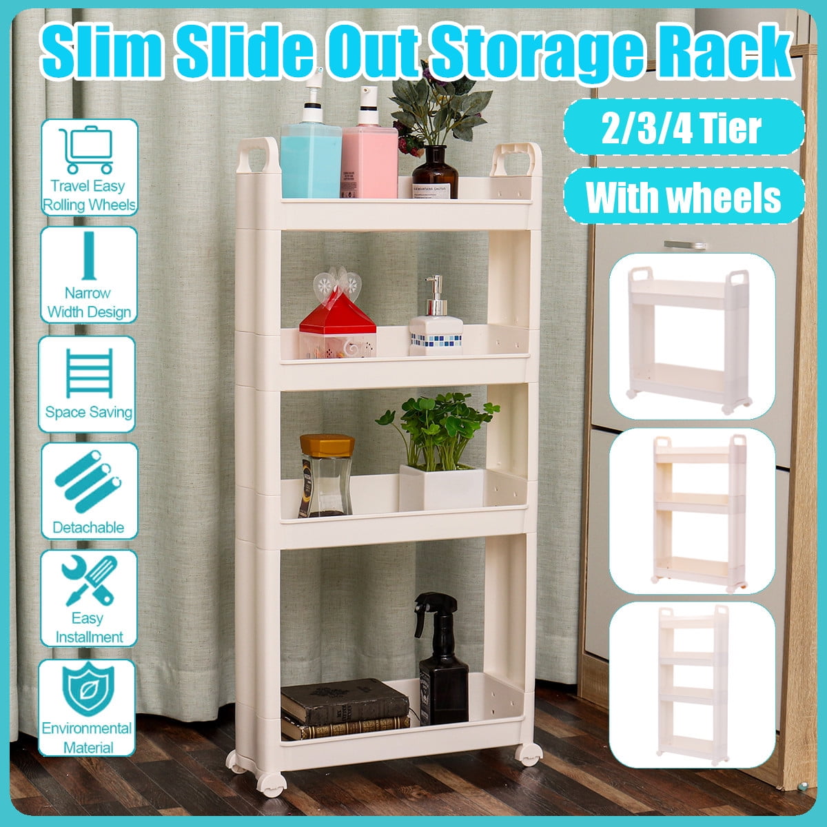2/3/4 Tier Slim Slide Out Rolling Trolley Cart Rack With 4 Wheels ...