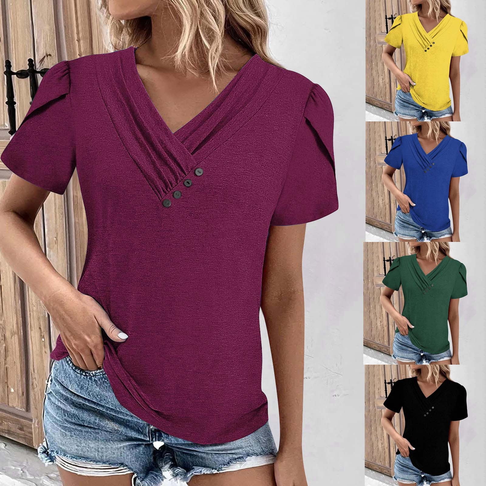 Click here for Juranmo Womens V-Neck Tshirts  Tulip Sleeve V Neck... prices
