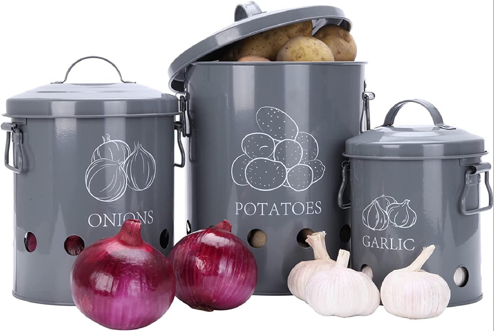 Set of 3 Antique Cream Vintage Potato Onion Kitchen Storage Canisters ...