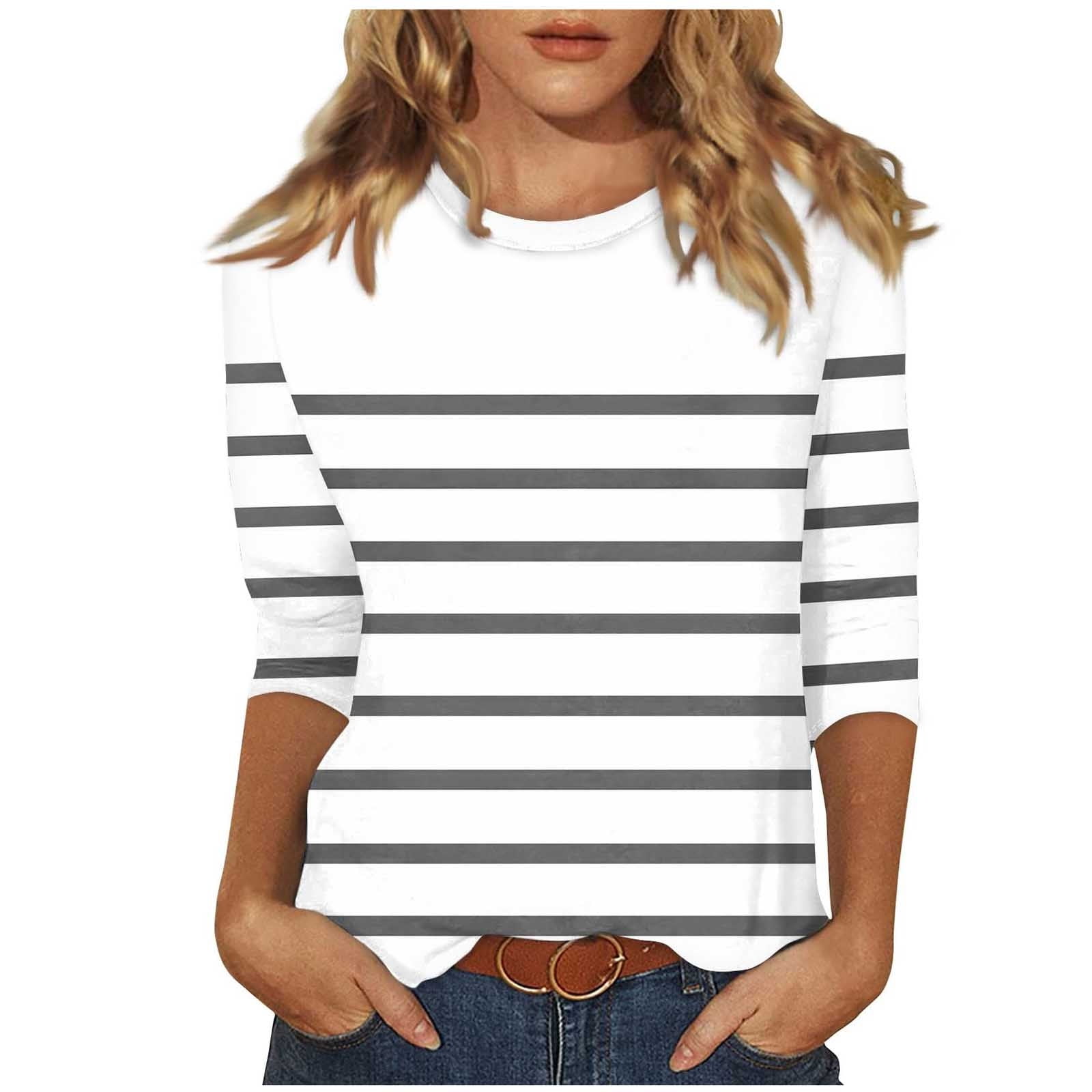 Click here for Lenpel Womens 3/4 Length Sleeve Tops Trendy Stripe... prices