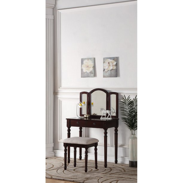 Wooden 3 Panel Mirror Vanity Set with With 2 Drawers & Stool, Espresso ...