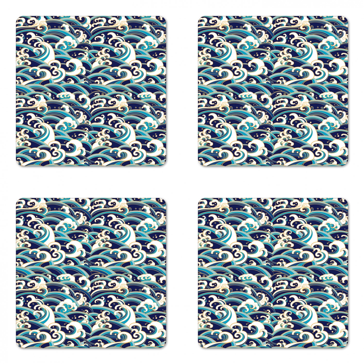 Nautical Coaster Set of 4, Traditional Oriental Style Ocean Waves ...