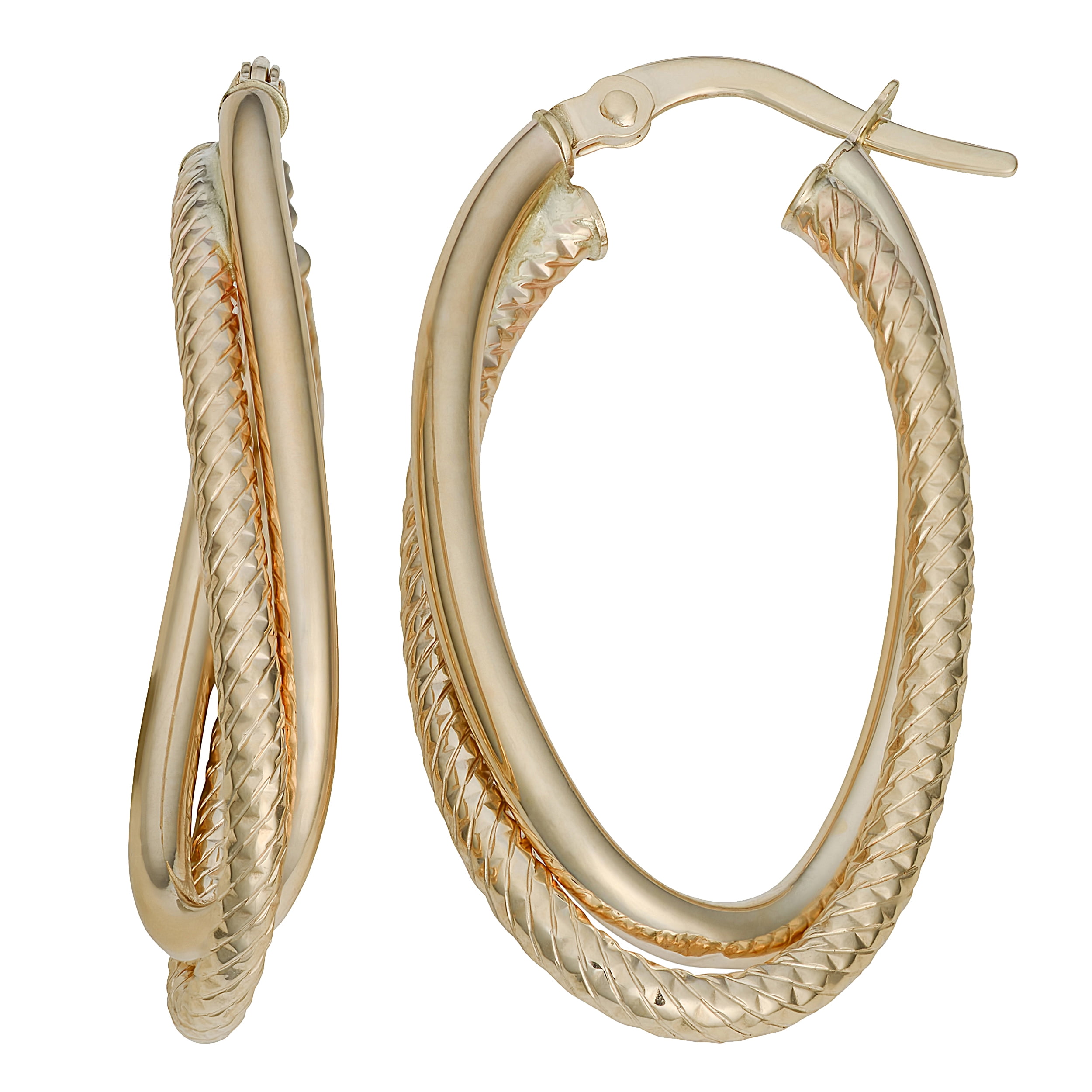 10k Yellow Gold Polish And Diamond-Cut Twisted Double Oval Hoop ...