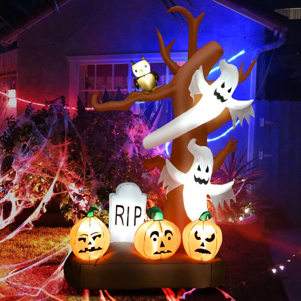 Gymax 8' Inflatable Halloween Dead Tree Blow Up Ghost w/Built-in LED ...