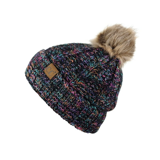 C.C - C.C Thick Cable Knit Faux Fuzzy Fur Pom Fleece Lined Skull Cap ...