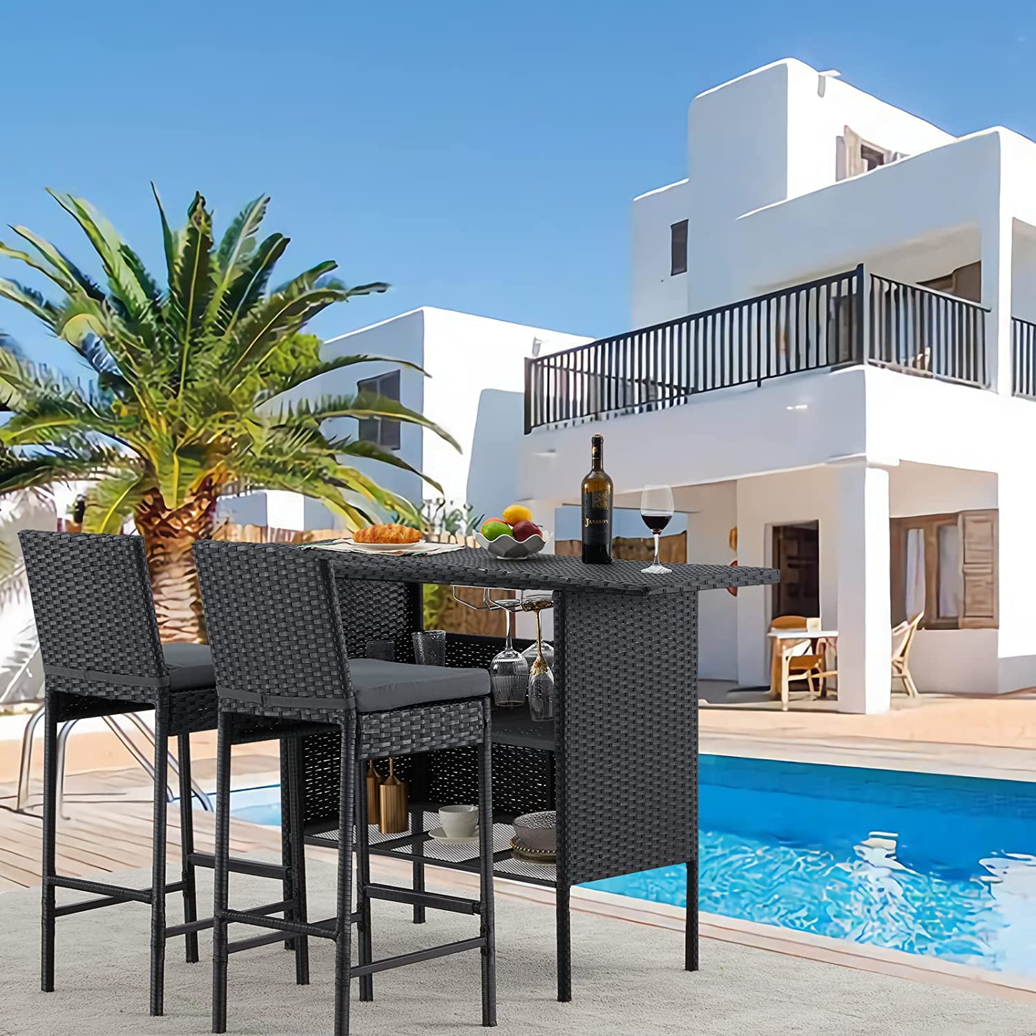 AVAWING 3PCS Patio Bar Table and Chairs Set(Wicker Patio Stools ...