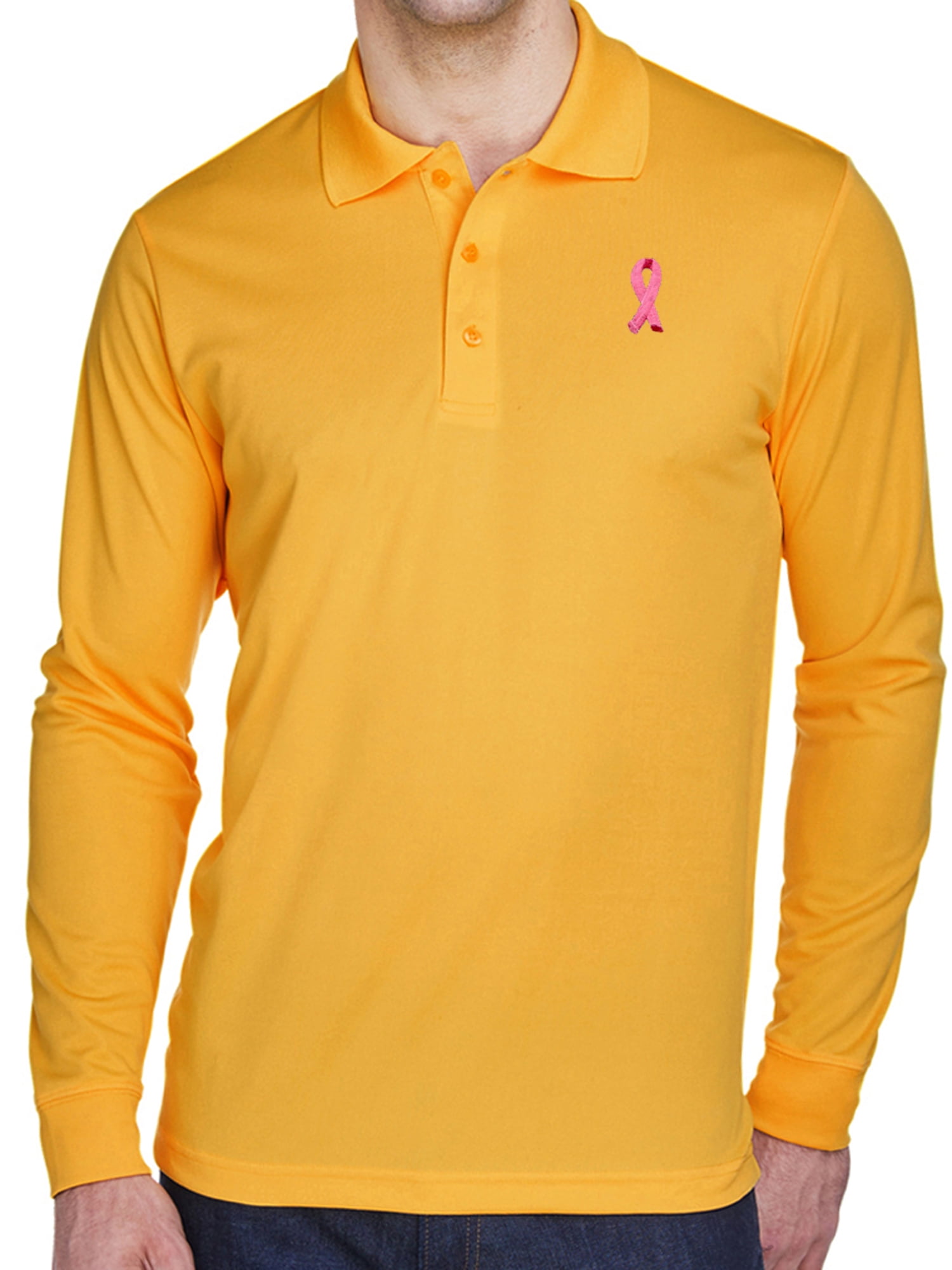 Mens Breast Cancer Awareness Pink Ribbon Patch Long Sleeve Polo Shirt ...