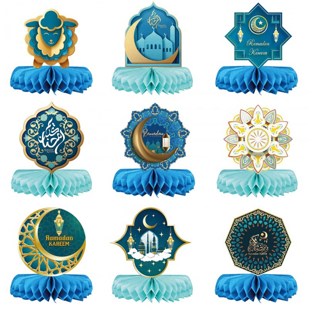 9PCS EID Mubarak Decorations, Paper Fan Honeycomb Ball Mosque Moon Star ...