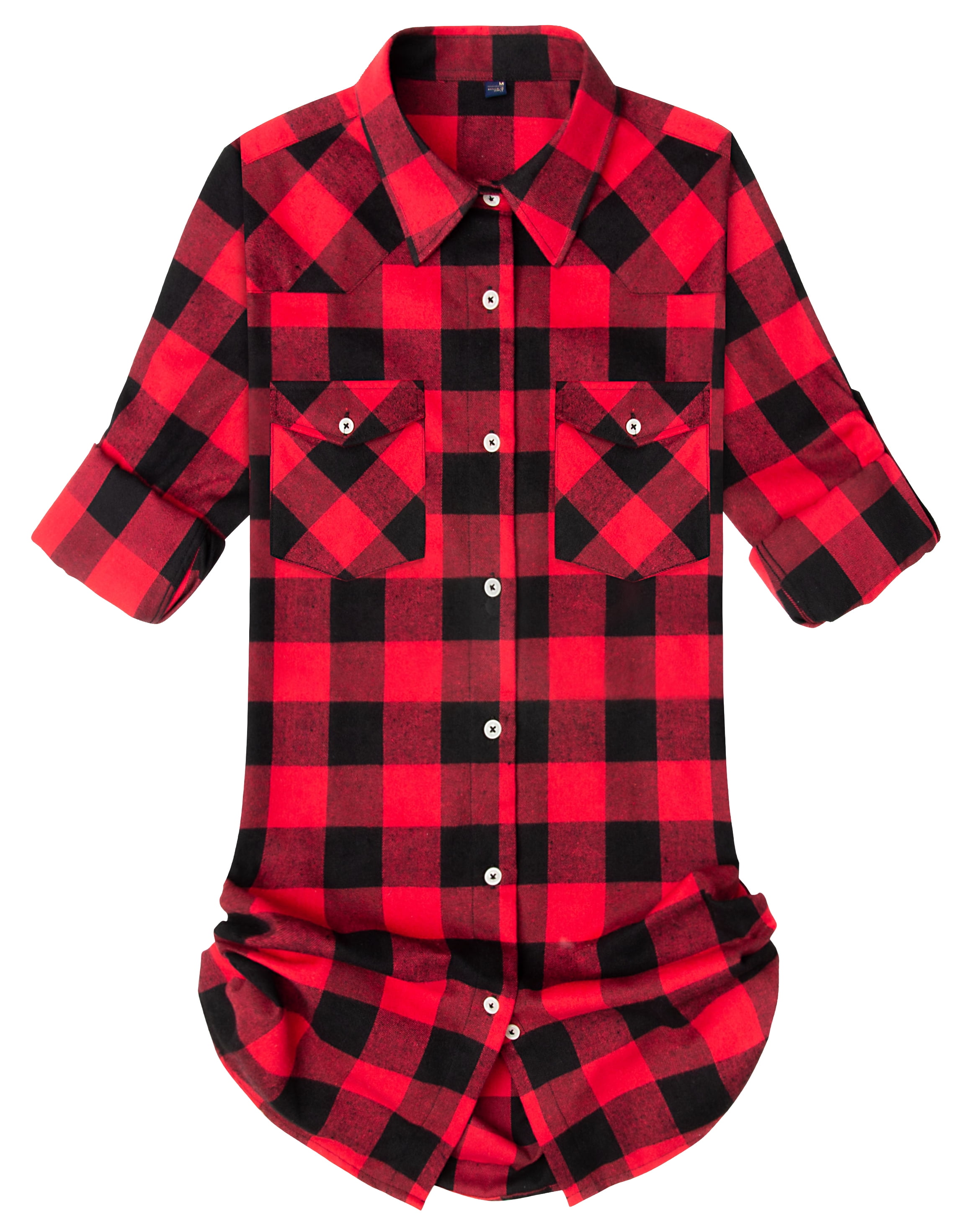 Siliteelon Long Sleeve Red Plaid Flannel Shirts for Women Roll Up Shirt ...