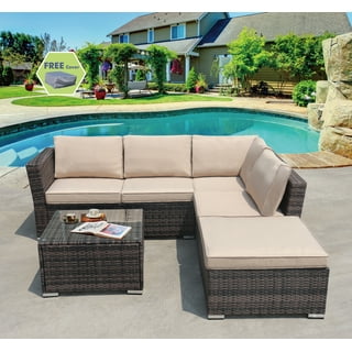 Flash Furniture Seneca 5 Piece Outdoor Faux Rattan Chair, Sofa and ...