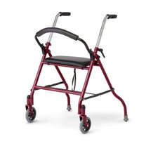 drive Aluminum Red Dual Release Folding Walker with Wheels and Seat ...