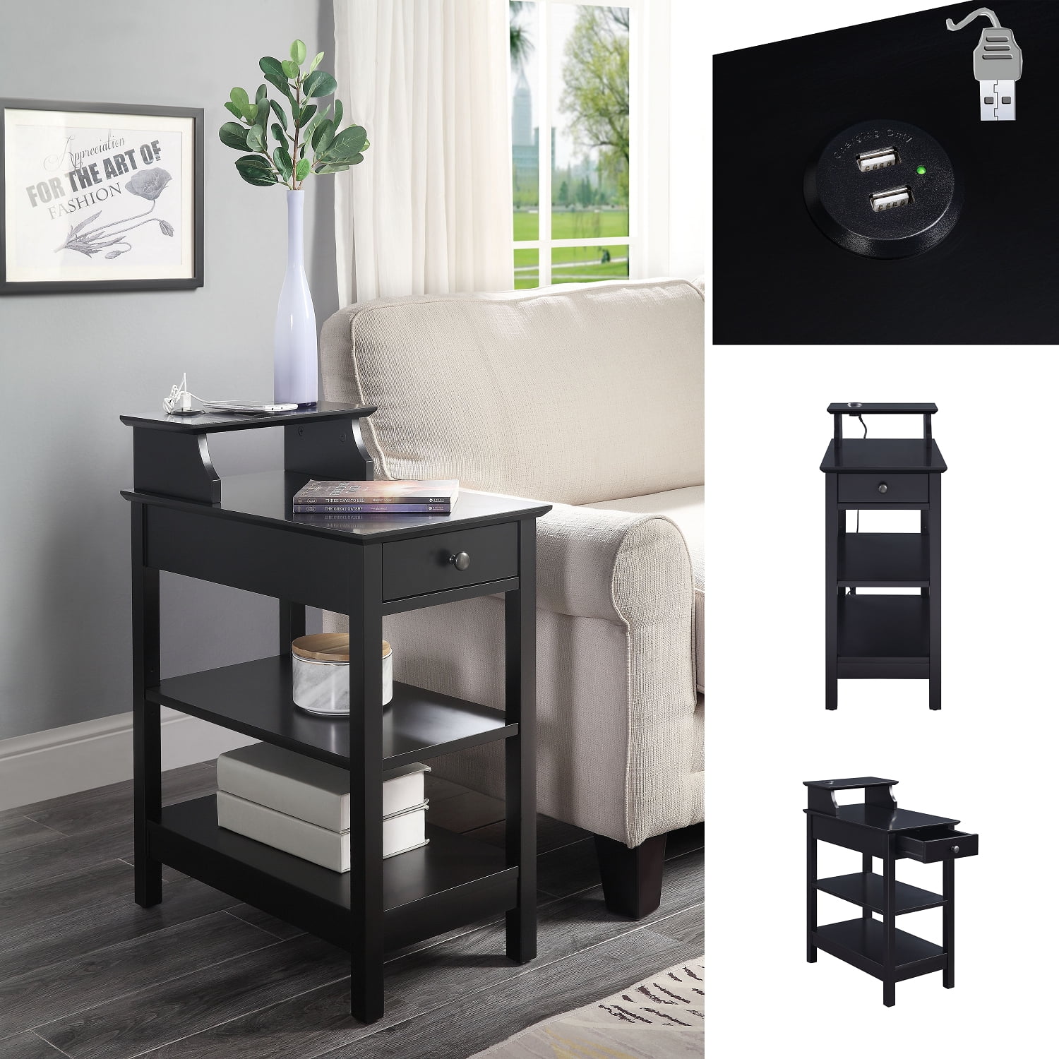 Xahpower Side Table with USB Charging Dock,Nightstand with One Drawer ...