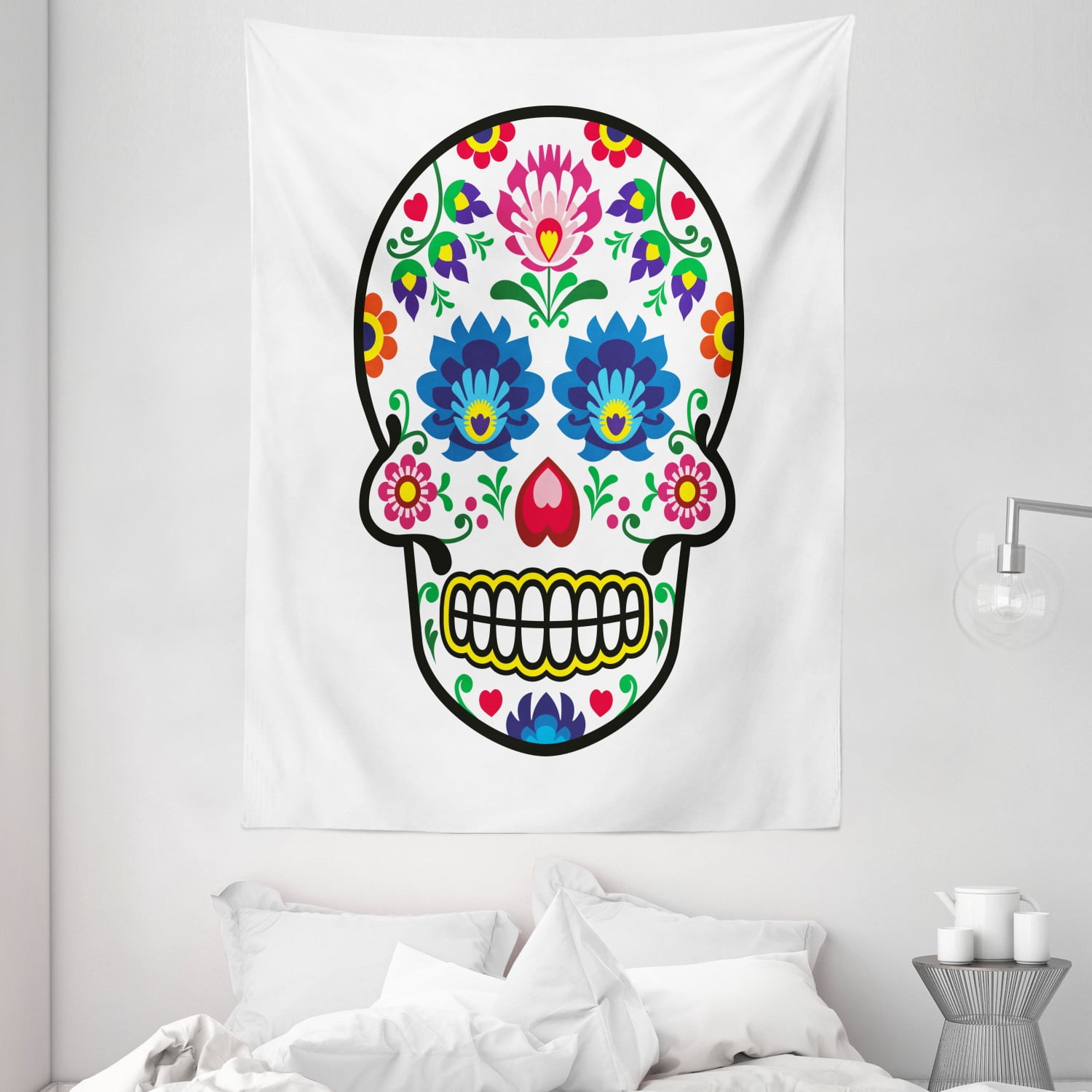 Sugar Skull Decor Tapestry, Polish Folk Art Style Mexican Sugar Skull ...