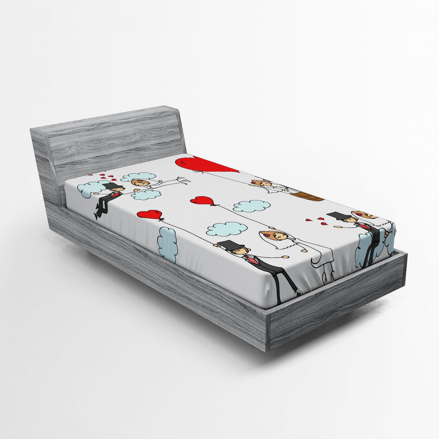 Wedding Fitted Sheet, Cartoon Couple Romantic Caricatures Getting ...
