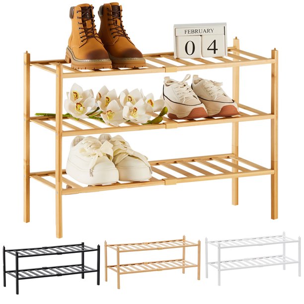 3-Tier Bamboo Shoe Rack Stackable Storage Organizer Small Wooden Shelf ...