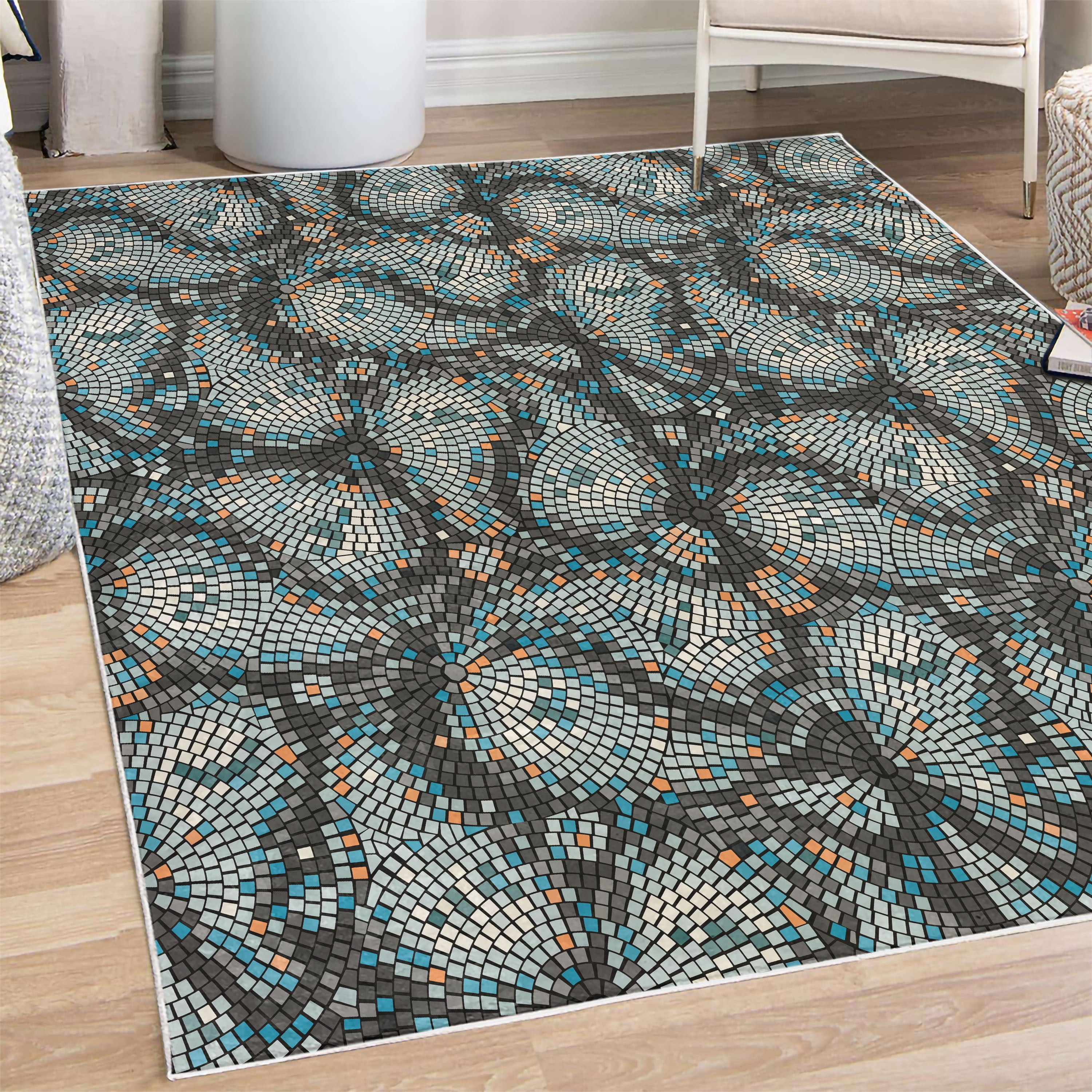 Paisley Decorative Rug, Modern Mosaic Like Circled Design with Teardrop ...