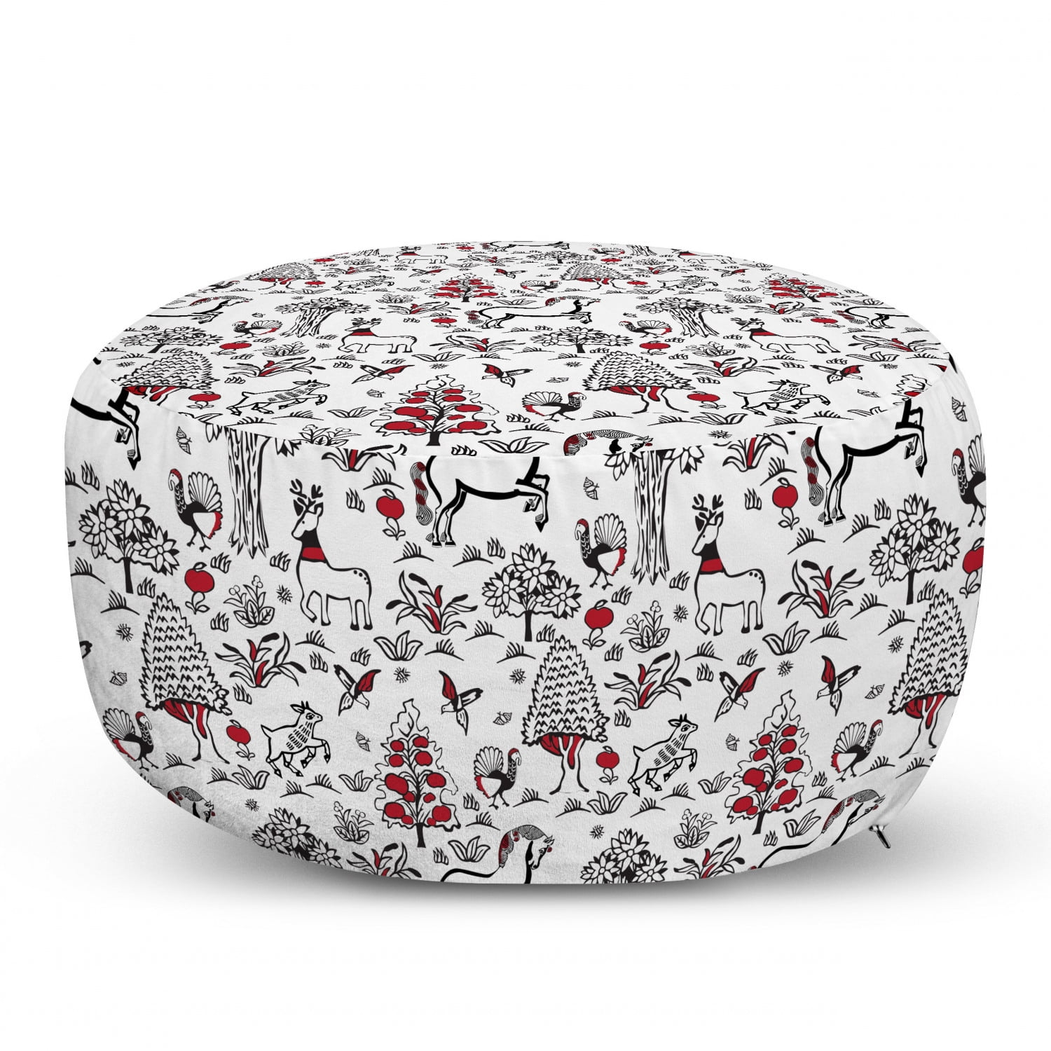 Russian Pouf Cover with Zipper, Trees Reindeer Birds Peacock Old Slavic ...