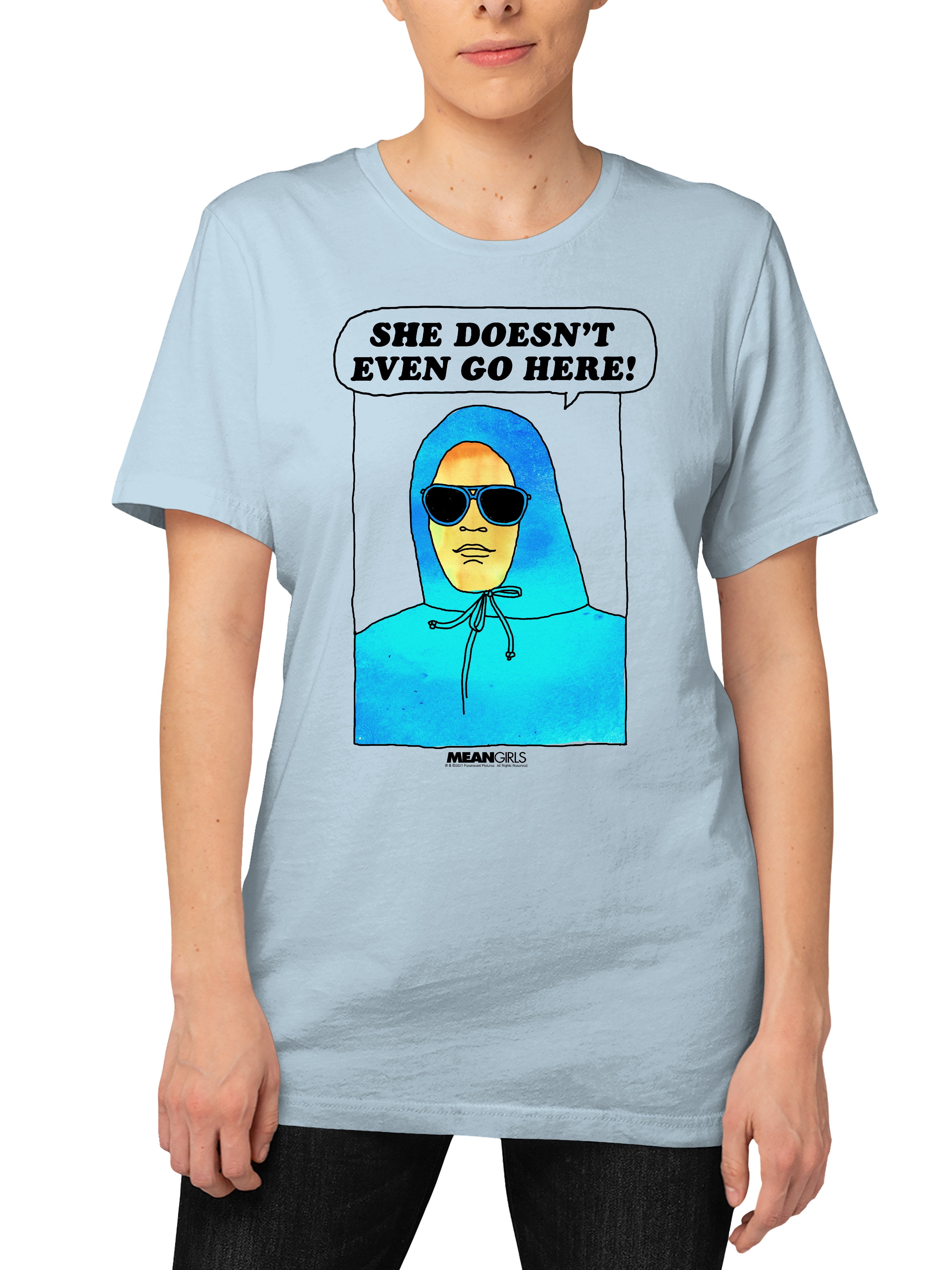 Mean Girls Women's Juniors She Doesn't Even Go Here Short Sleevev Graphic Tee - Walmart.com