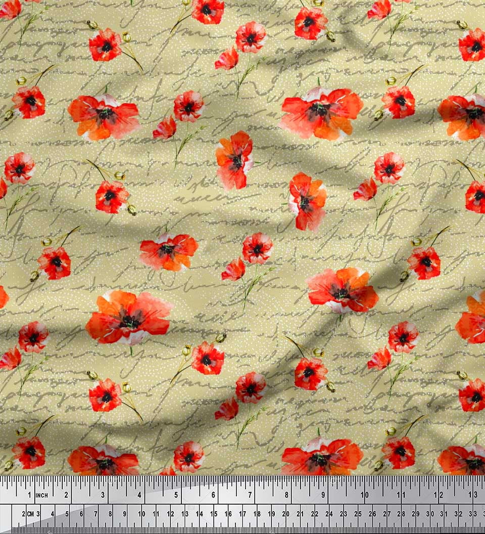 Soimoi Beige Japan Crepe Satin Fabric Text & Poppy Floral Print Fabric ...