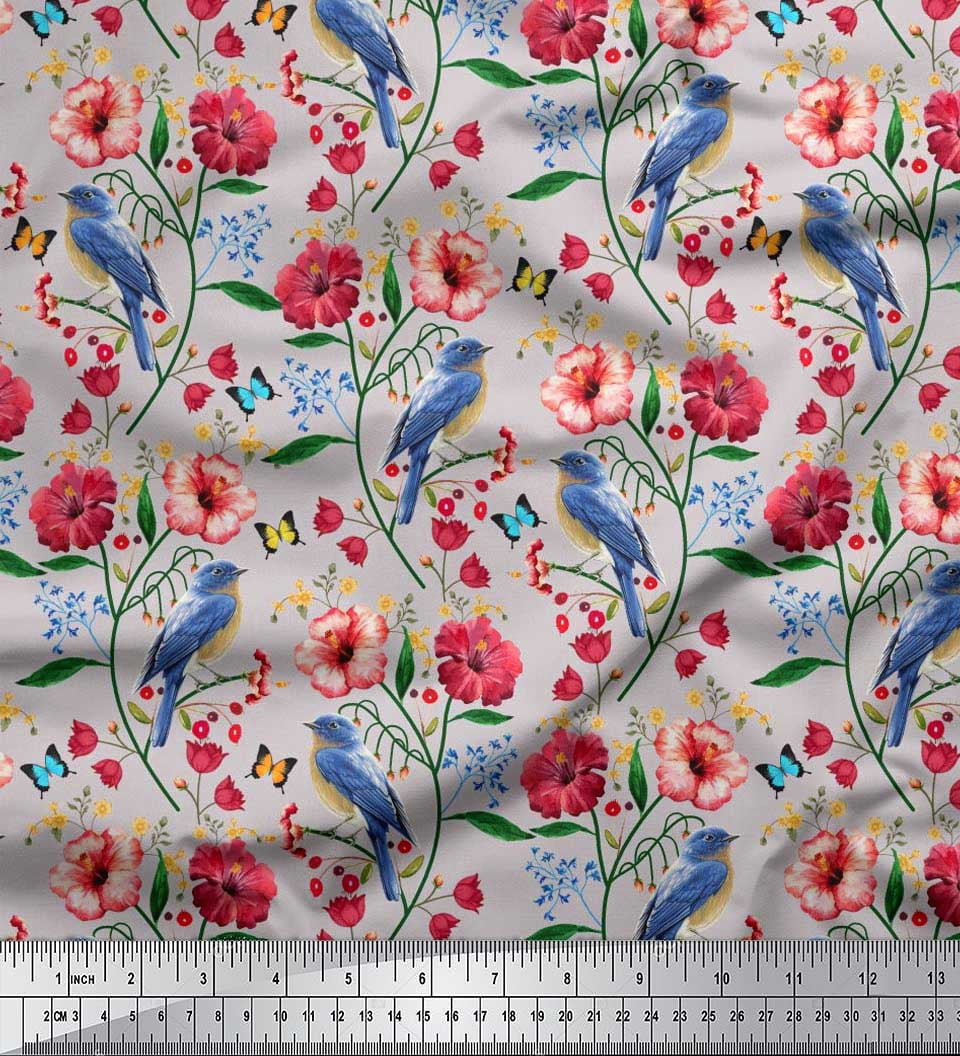 Soimoi Gray Cotton Duck Fabric Insect,Floral & Bluebird Bird Print ...