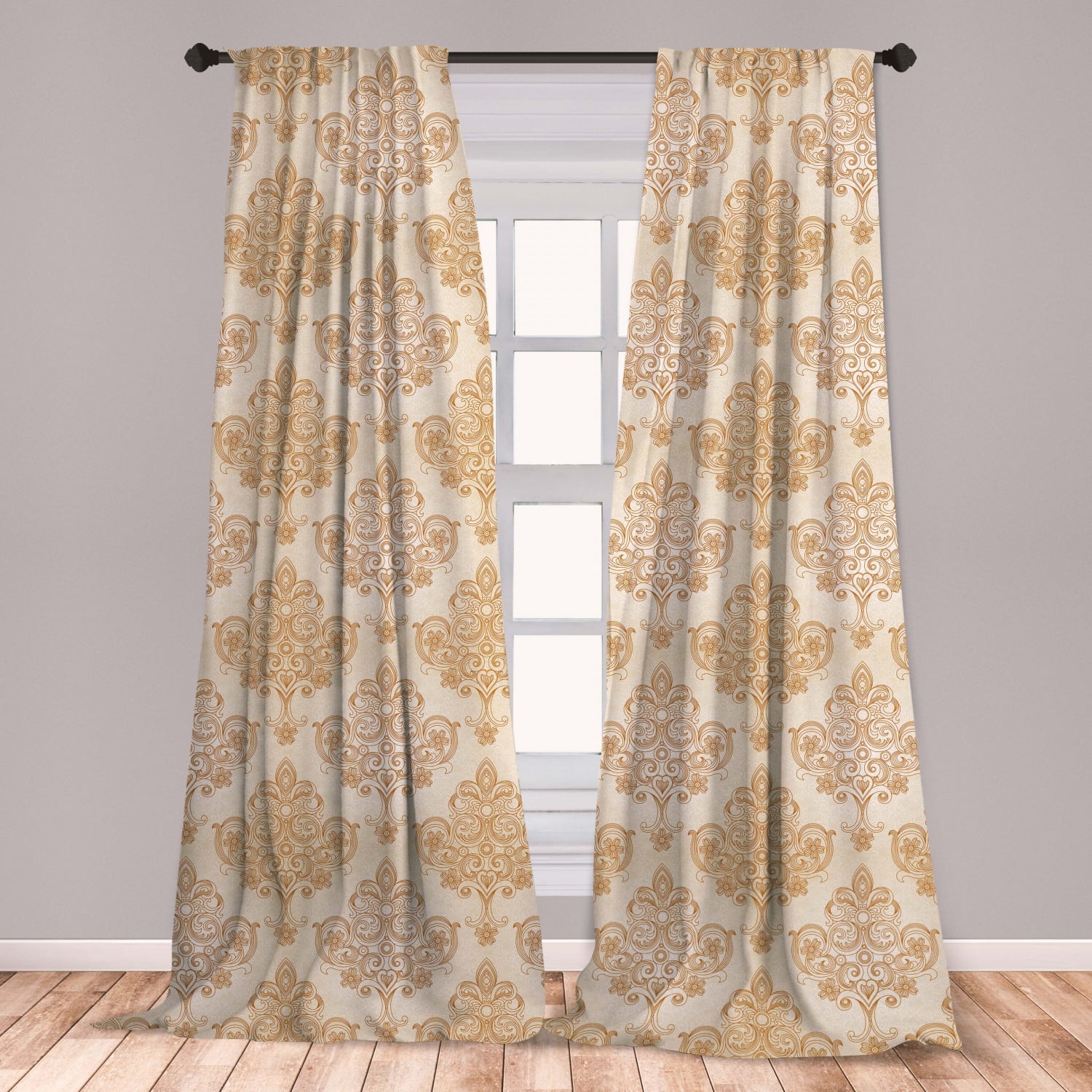 Ivory Curtains 2 Panels Set Vintage Baroque Pattern With Curved Flower