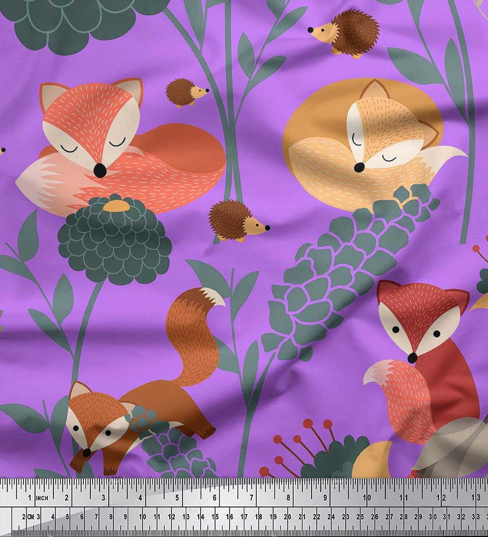 Soimoi Satin Silk Fabric Floral,Porcupine & Fox Cartoon Print Fabric by ...